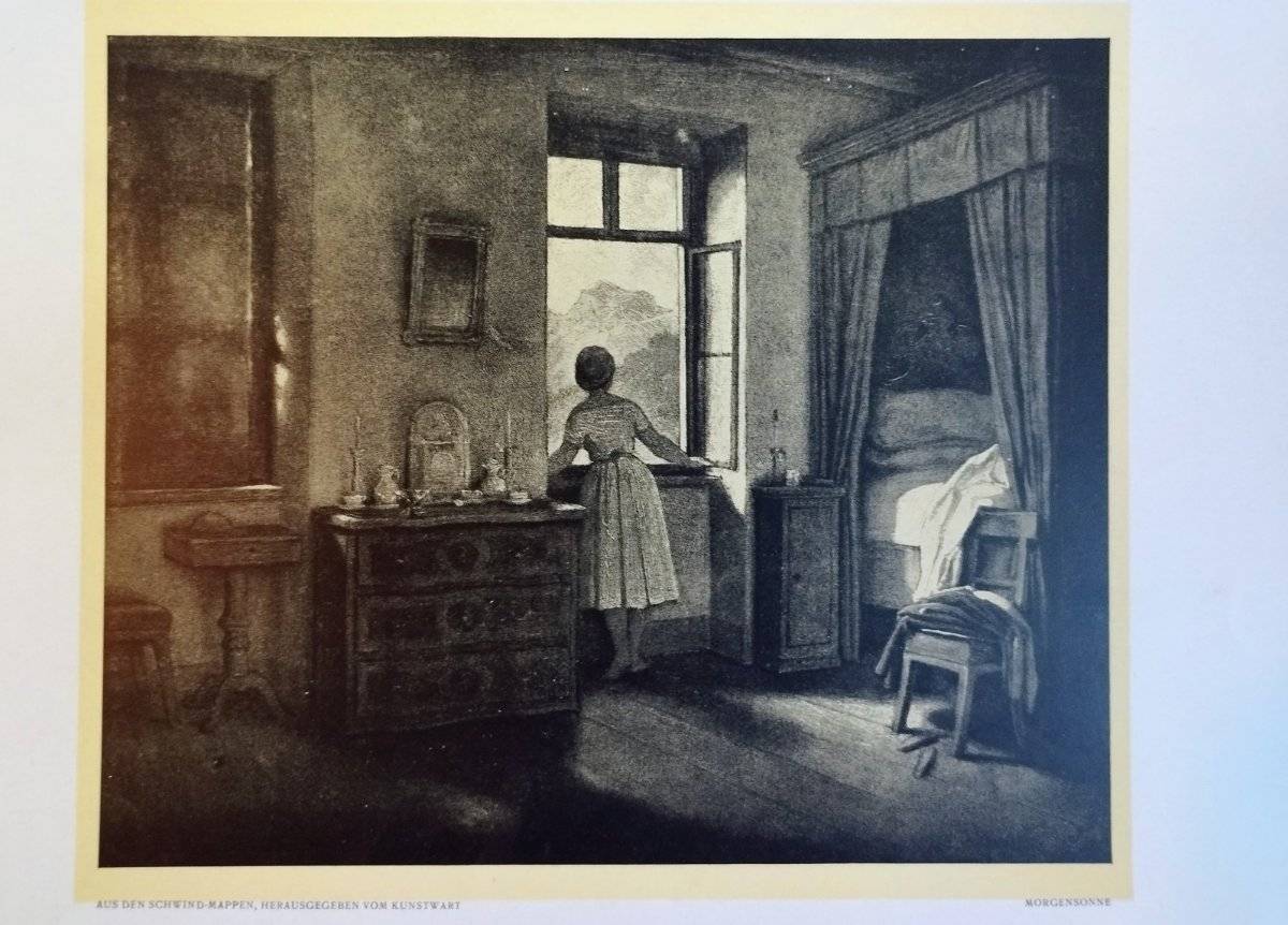 Alter Druck Morgensonne Aus dem Fenster blickende Frau Zimmer ...